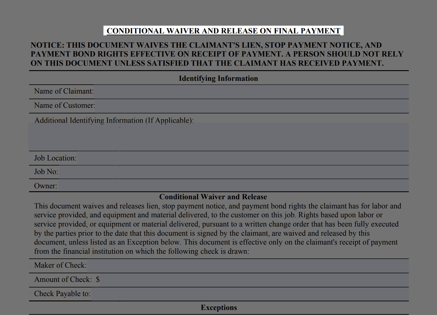 California Conditional Waiver and Release on Final Payment: Form ...