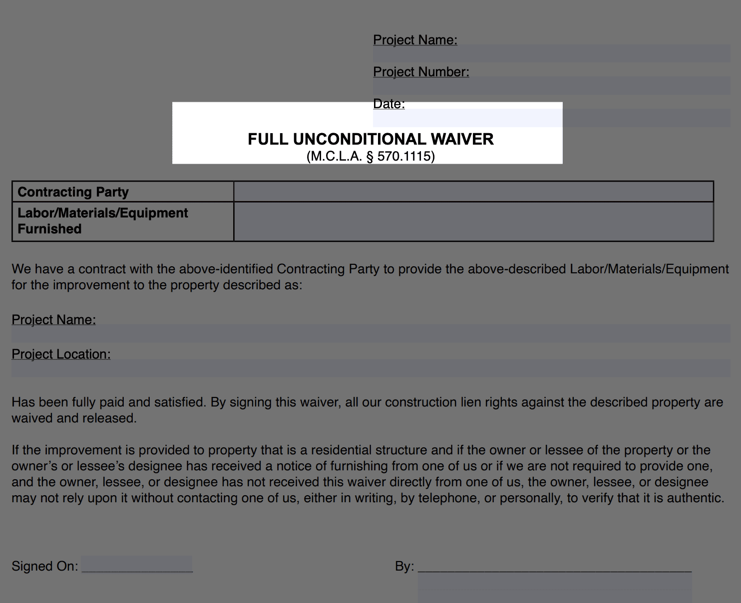 Michigan Full Unconditional Waiver of Lien: Template and Requirements - Handle